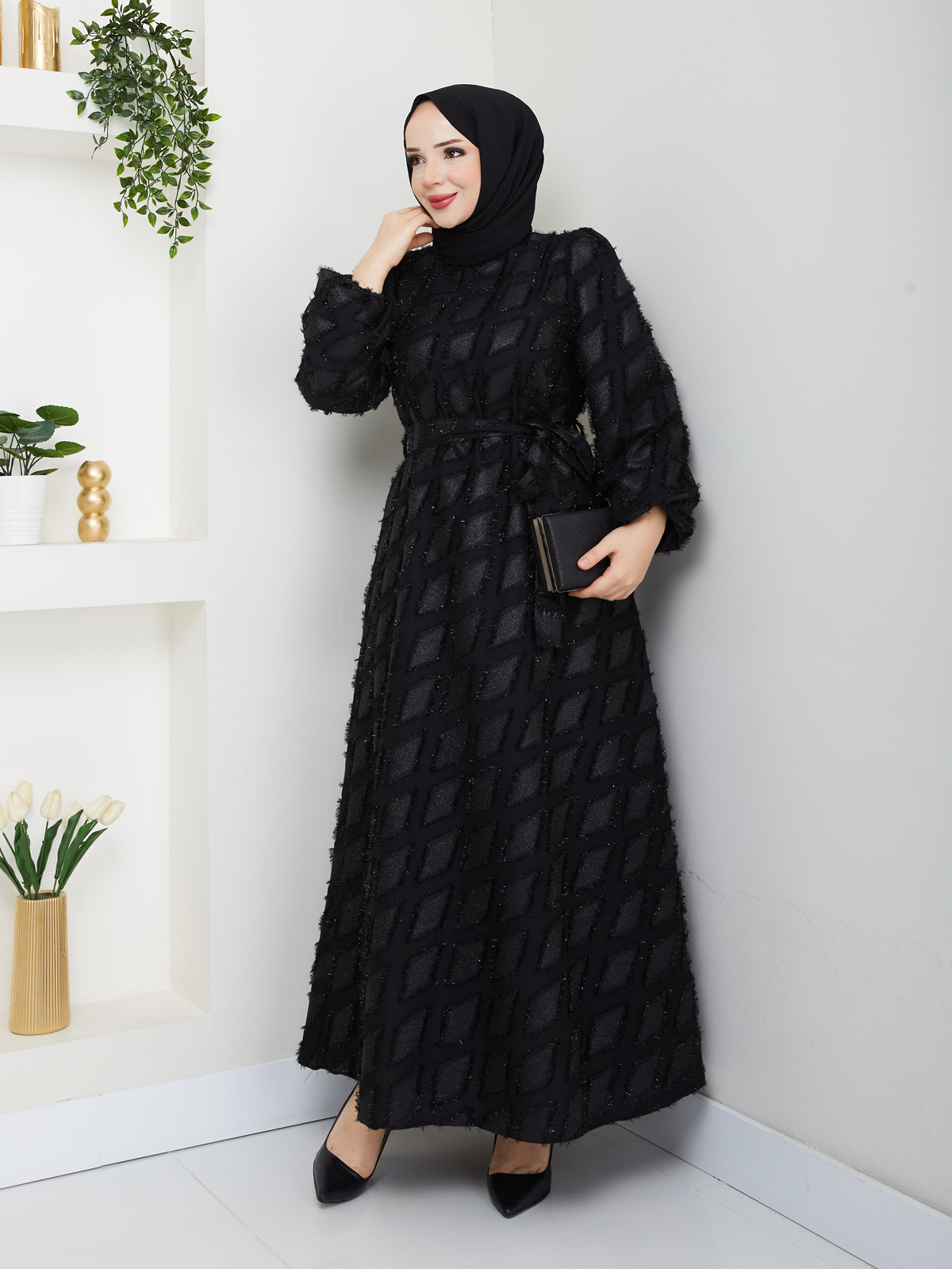 Yonca Simli Elbise - Siyah | Moda Mesra